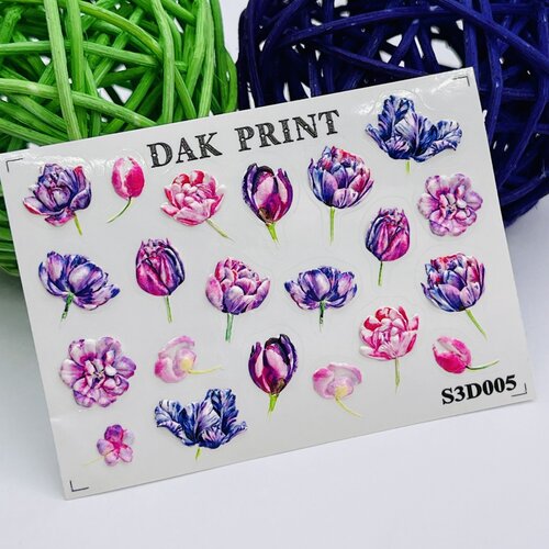 Объемные 3D cтикеры для маникюра (самоклеящиеся слайдеры) для дизайна ногтей "Фиолетовые тюльпаны"