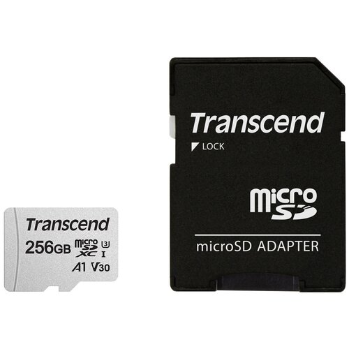 Карта памяти Transcend microSDXC 256 ГБ Class 10, V30, A1, UHS-I U3, R/W 100/40 МБ/с, адаптер на SD, 1 шт., серебристый