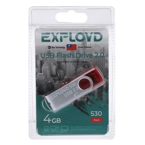 Флешка Exployd 530, 4 Гб, USB2.0, чт до 15 Мб/с, зап до 8 Мб/с, красная