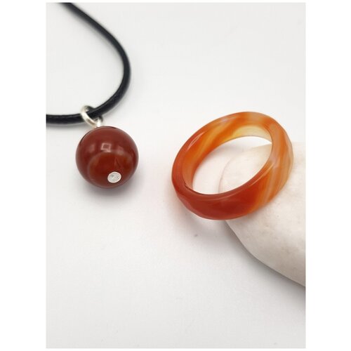 Комплект бижутерии: подвеска, кольцо, сердолик, размер кольца 18, оранжевый
