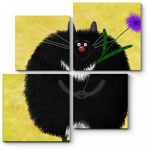 Модульная картина Милый черный кот с фиолетовой астрой 170x170