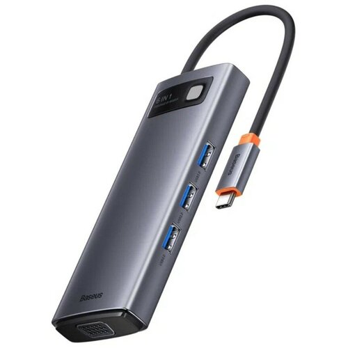 USB HUB разветвитель BASEUS Metal Gleam Series 6 в 1 Type-C (m) - 3xUSB3.0 + Type-C PD + 4К HDMI + VGA , серый