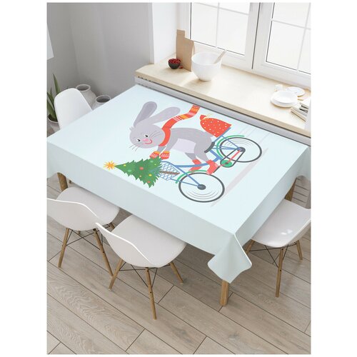Прямоугольная тканевая скатерть на стол JoyArty с рисунком "Зайка с подарками", 145x180 см
