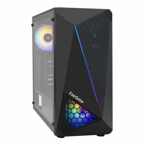 Корпус Miditower ExeGate EVO-8225-NPX600 (ATX, БП 600NPX с вент. 12см, 2*USB+1*USB3.0, черный, 2 вент. с RGB подсветкой и полоса на передней панели, боковая панель - закаленное стекло) EX293015RUS