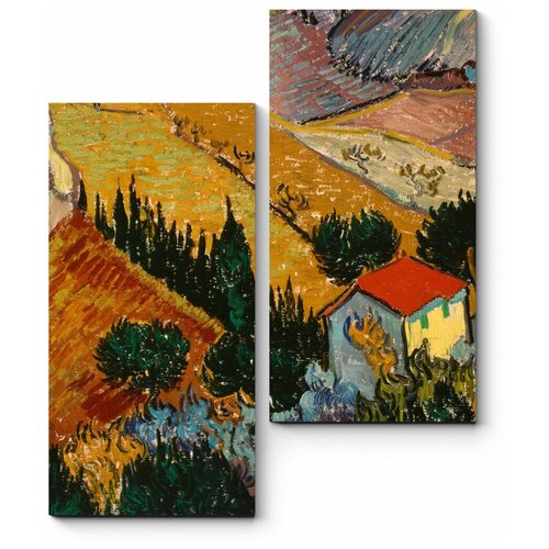 Модульная картина Пейзаж с домом и пахарь, Винсент Ван Гог 50x63