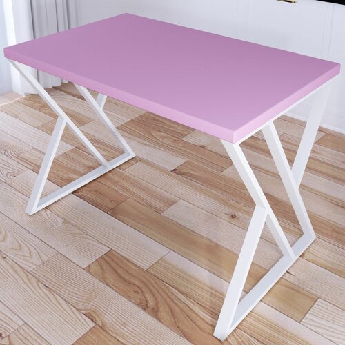 Стол кухонный Loft со столешницей розового цвета из массива сосны 40 мм и белыми металлическими Z-образными ножками, 120х70х75 см