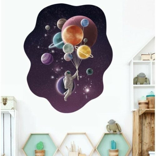 Наклейка пластик интерьерная цветная Космонавт с планетами-шарами 30х45 см