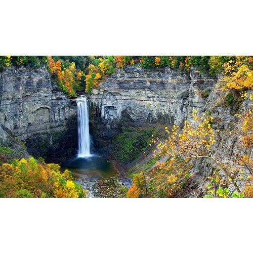 Картина на холсте 60x110 LinxOne "Осень поток скалы водопад деревья" интерьерная для дома / на стену / на кухню / с подрамником