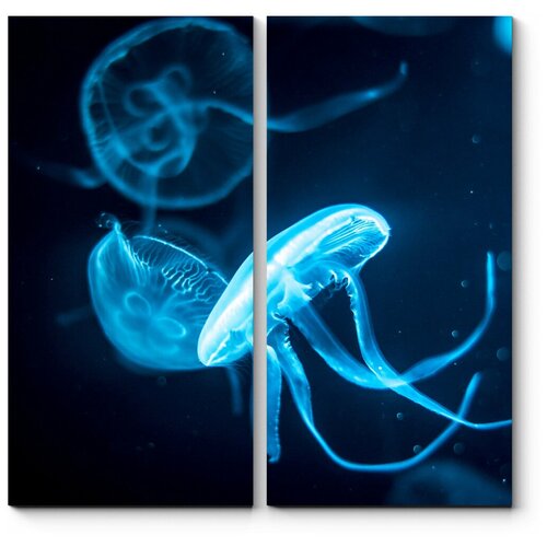 Модульная картина Неоновый танец медуз под водой 110x110