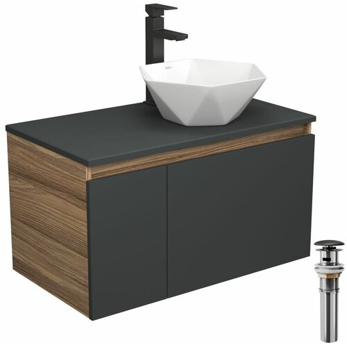 Комплект для ванной, 4 предмета (тумба Bau 80, графит + раковина на столешницу BAU Crystal 40х40 + смеситель Hotel Black, выпуск клик-клак, черный)