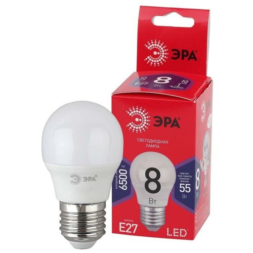 Лампа светодиодная RED LINE LED P45-8W-865-E27 R 8Вт P45 шар 6500К холод. бел. E27 | код. Б0045359 | Эра ( 1шт. )