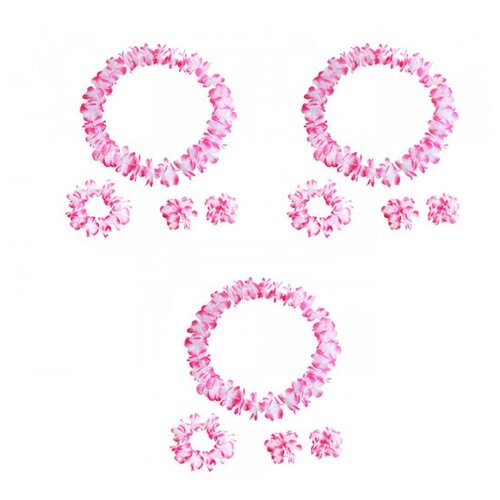 Гавайский набор, цвет розовый, 4 предмета: ожерелье лея, венок, 2 браслета (Набор 3 шт.)