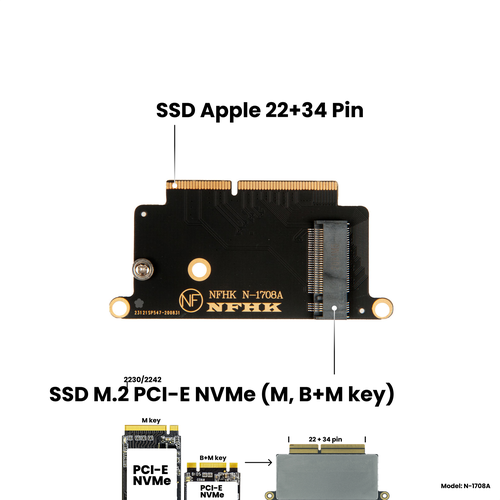 Адаптер-переходник для установки диска SSD M.2 NVMe (M key) в разъем SSD Apple (22+34 Pin) на MacBook Pro 13" Late 2016, Mid 2017 / NFHK N-1708A