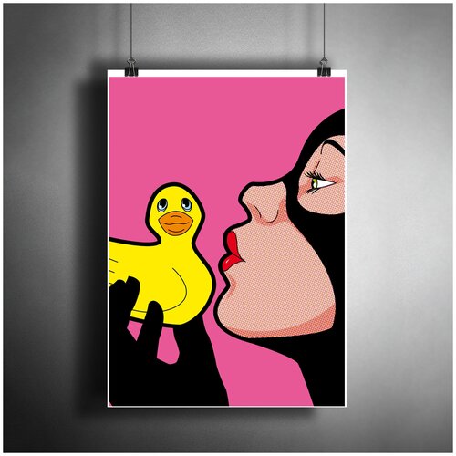 Постер плакат для интерьера "Поп-Арт: Женщина-кошка и уточка. Duck kisses" / Декор дома, гостинной. Подарок подруге. A3 (297 x 420 мм)