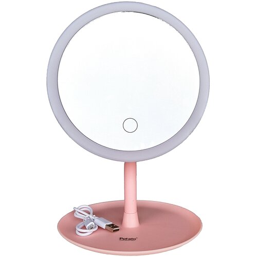 Зеркало косметическое Potato P796-5E с подсветкой круглое, розовое