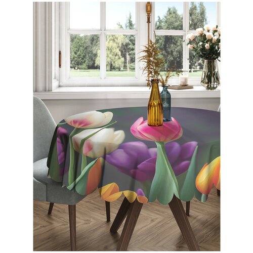 Скатерть круглая тканевая на стол JoyArty с рисунком "Весенние тюльпаны" 150 на 150 см