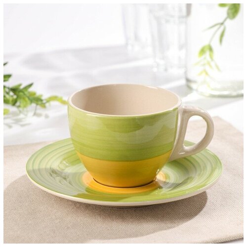 Чайная пара керамическая Доляна «Подсолнух», чашка 200 мл, блюдце d=14,5 см, цвет зелёный