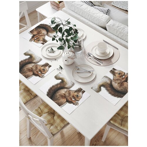 Салфетки на стол для сервировки прямоугольные, плейсмат JoyArty "Белка с орешком", 32x46 см, в комплекте 4шт.