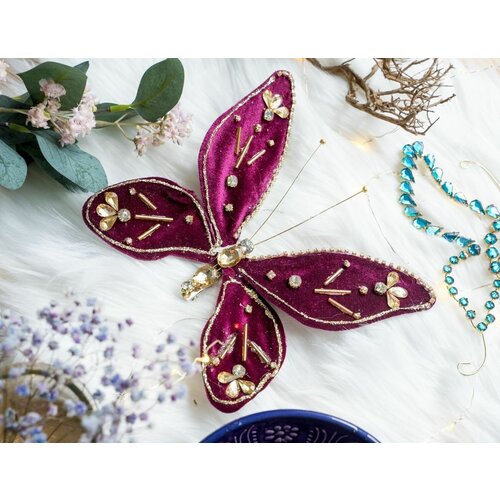 Edelman, Декоративная бабочка флювейл на клипсе, текстиль, вишнёвая, 20 см 1101823