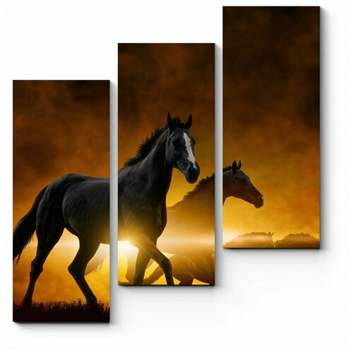 Модульная картина Бегущие лошади на фоне закатных облаков 120x128