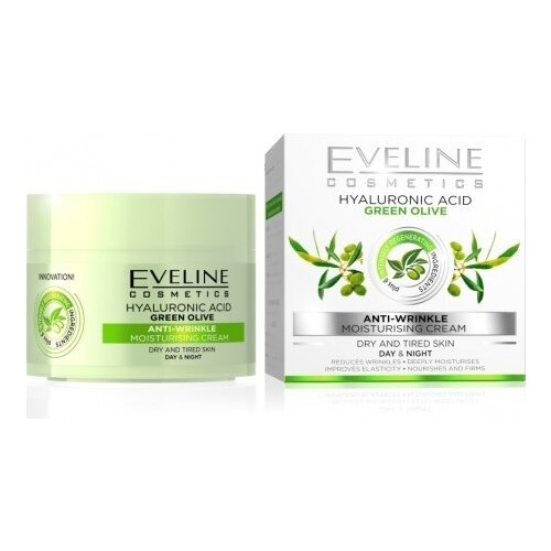 Eveline Cosmetics 6 компонентов Hyaluronic Acid Green olive Увлажняющий крем для лица с экстрактом зеленой Оливы, 50 мл