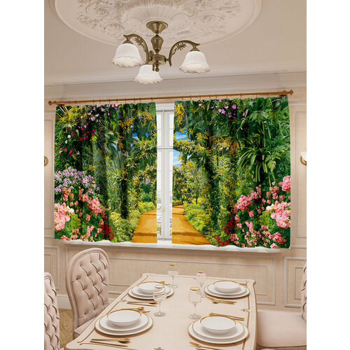 Фотошторы для кухни LeJoy Home из габардина "Аллея, цветы, пальмы" 180х290 см. (2 шт. 145х180 см (каждая).