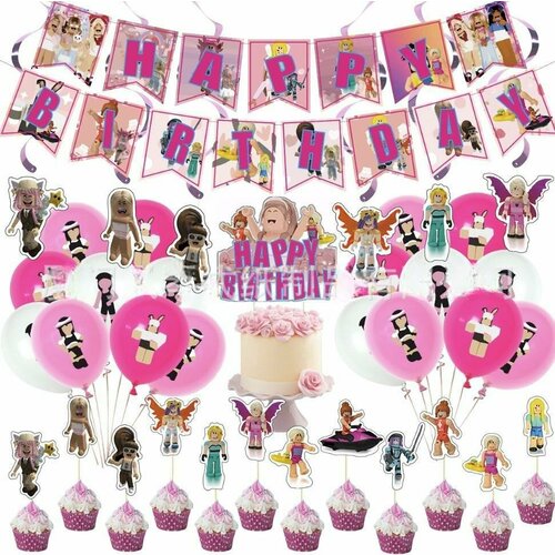 Набор для праздника "Roblox girl" , 18 шаров , баннер , топпер на торт , 6 спиралей и 12 топперов на капкейки