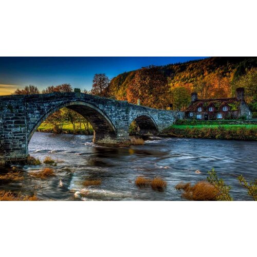 Картина на холсте 60x110 Альянс Лес "Осень природа мост река дом" на подрамнике / интерьер/ декор
