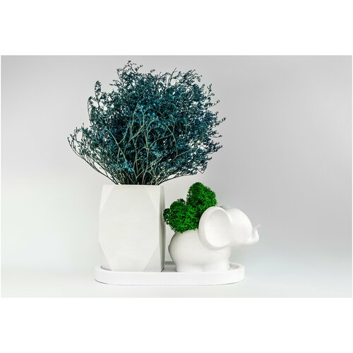 Набор: ваза и кашпо "Белый слон" со мхом на подставке / Мох стабилизированный / Кашпо со мхом, ваза, подставка, цвет белый матовый.