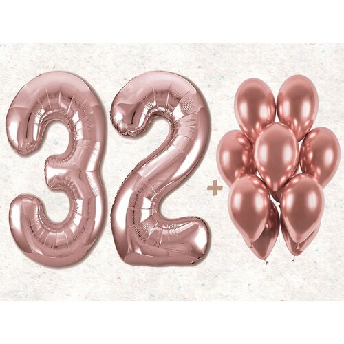 Набор воздушных шариков цифра " 32 " размер 102 см и 10 хромированных шаров 30 см, розовое золото