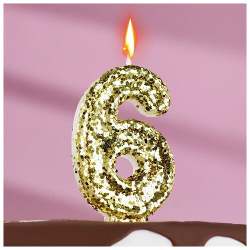 Свеча в торт "Блестки", цифра "6", золото, 6,5 см