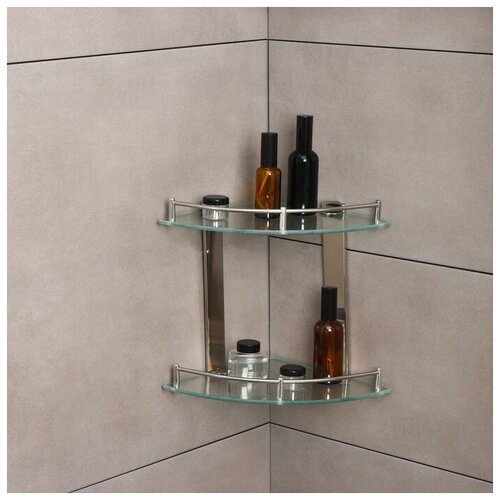 Полка для ванной комнаты 2х-ярусная угловая, 24х24х28 см, нержавеющая сталь, стекло