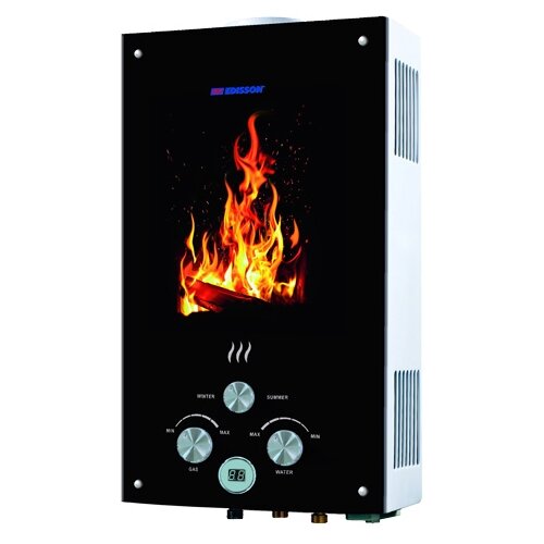 Проточный газовый водонагреватель Edisson Flame F 20 GD (Костер), душ, черный..