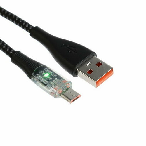 Кабель, 2 А, MicroUSB - USB, прозрачный, оплётка нейлон, 1 м, чёрный