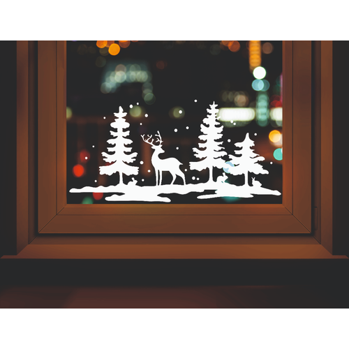 Наклейка новогодняя для оформления окон и витрин "Олень в лесу" 50х24 см.). Декор для окон / новогодний.