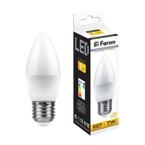 Лампа светодиодная LED 7вт E27 теплый матовая свеча | код 25758 | FERON (7шт. в упак.)