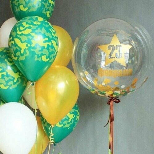 Воздушные шары надутые гелием "Баблс с 23 февраля" 12 шаров