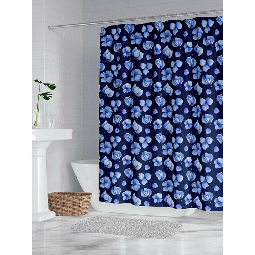 Штора для ванной "Синие цветки", 170х200 см с кольцами
