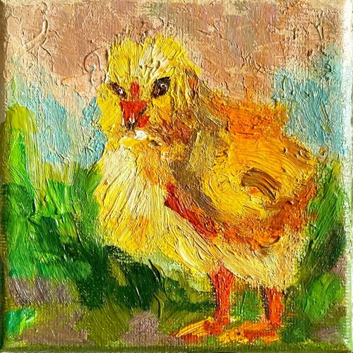 Картина маслом на холсте Цыпленок Маленькая птичка, ручная работа