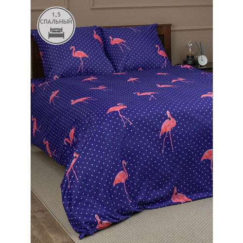 Постельное белье Amore Mio Макосатин Flamingo DKBL, 1,5 спальный комплект, микрофибра, темно-синий, розовый в горох