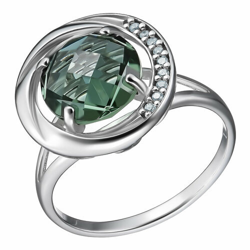Перстень, серебро, 925 проба, родирование, фианит, кварц, кварц синтетический, размер 16.5, серебряный, зеленый