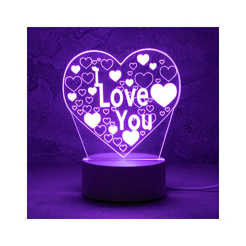 3D светильник-ночник декоративный Розовый свет Дизайн : Сердце . Питание от USB (шнур 1 м в комплекте) с выключателем