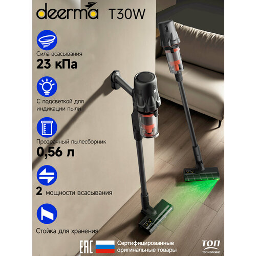 Пылесос для дома вертикальный беспроводной экосистема DEERMA T30W с сухой уборкой с контейнером