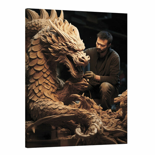 Интерьерная картина 50х70 "Искусство создания деревянного дракона: мастер-класс"
