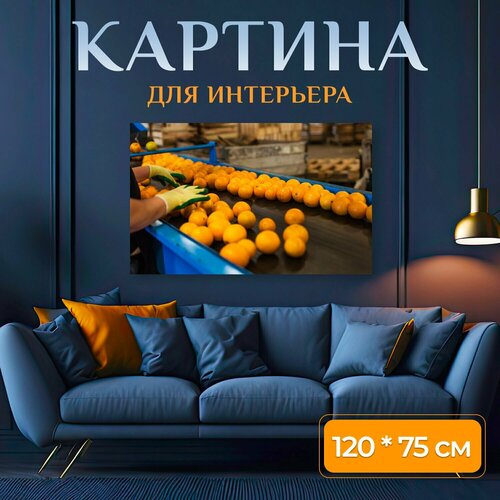 Картина на холсте "Апельсин, производство, упаковка" на подрамнике 120х75 см. для интерьера