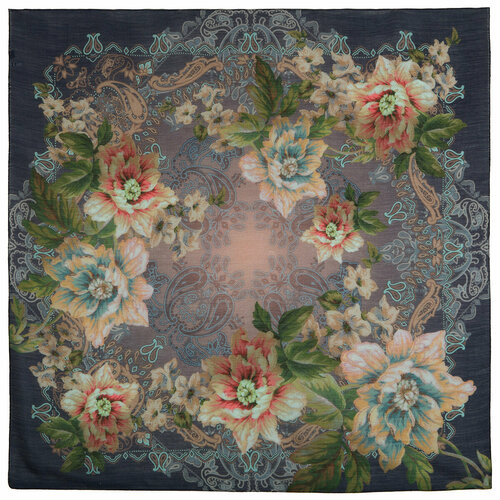 Платок Павловопосадская платочная мануфактура,115х115 см, зеленый, пыльная роза