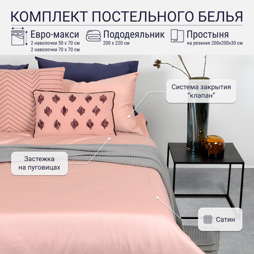 Комплект постельного белья TKANO Евро-макси с простыней на резинке из сатина цвета пыльной розы из коллекции Essential KOMP-93