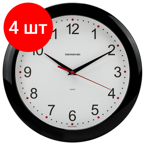 Комплект 4 шт, Часы настенные TROYKA 11100112, круг, белые, черная рамка, 29х29х3.5 см