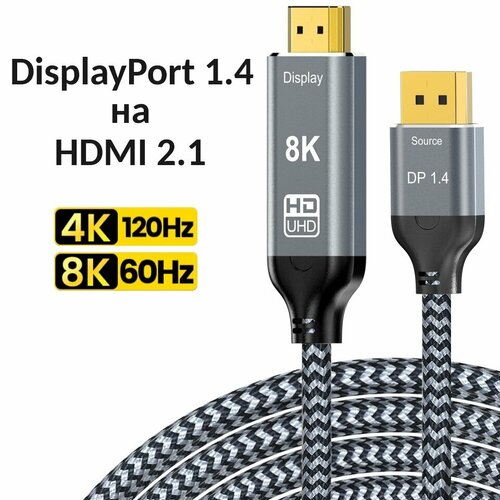Кабель DisplayPort 1.4 на HDMI 2.1 однонаправленный / 8К 60Гц, 4К 120Гц / 2 метра