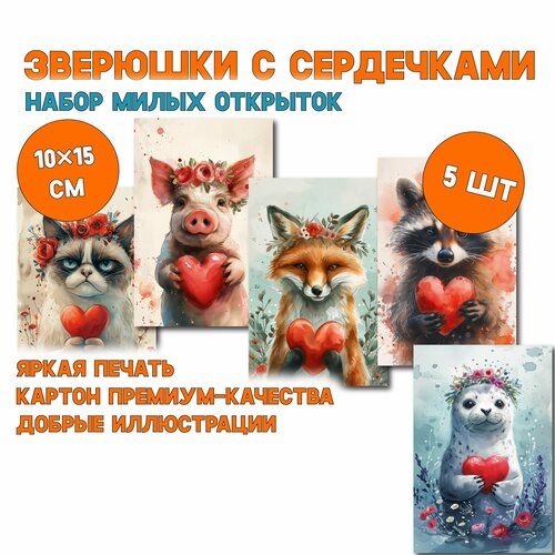 Зверюшки с сердцами: набор из 5 открыток-валентинок в акварельном стиле для посткроссинга, добрые и милые иллюстрации, мини-постеры